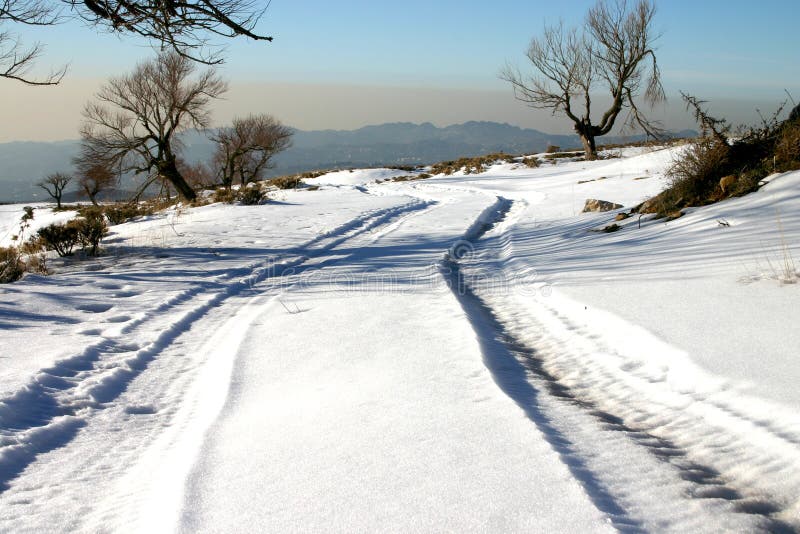 Tyre tracks in the snow stock photo. Image of motion - 66073858