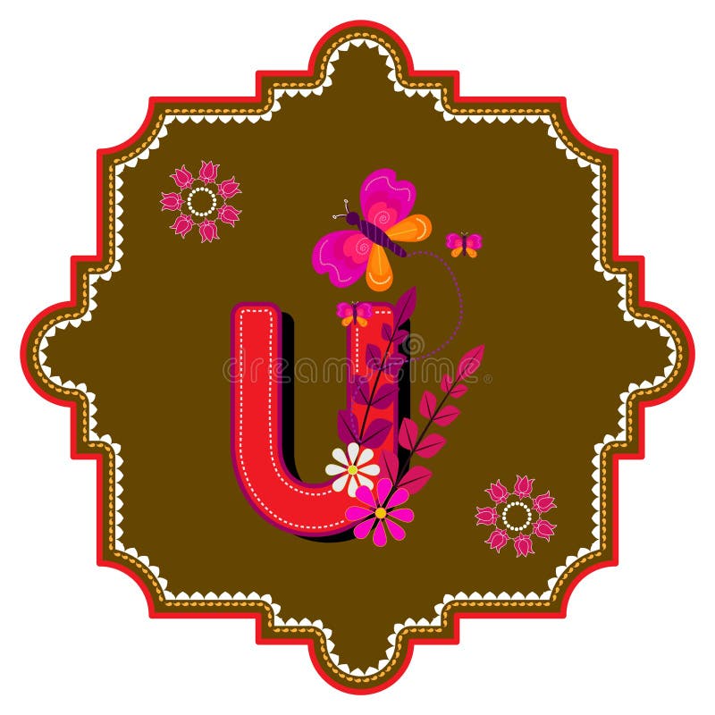 Letter U. Alphabet U Sticker. Floral Type with Butterflies. Lotus and ...