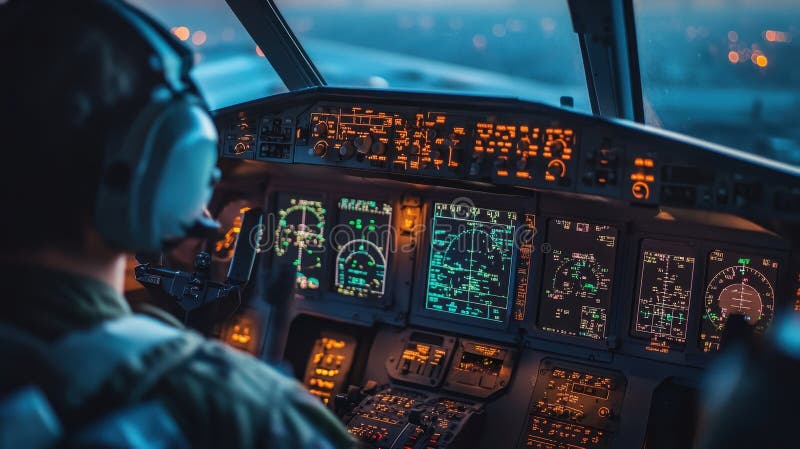 U.S. Air Force Day Illuminated Airplane Cockpit at Dusk: Pilot Controls ...