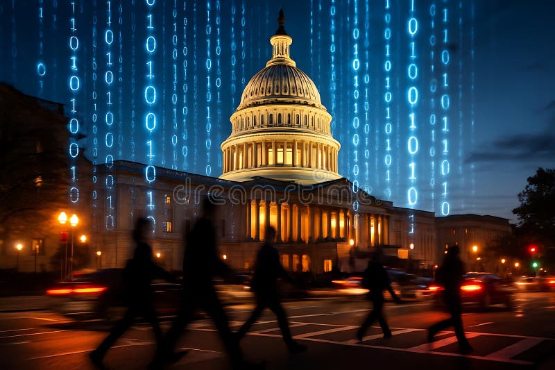 U S Capitol Building at Night with Binary Code and Pedestrians Stock ...