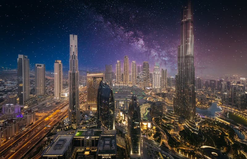 UAE, Dubai Panoramic Skyline View of City Downtown and Dubai Mall Stock ...