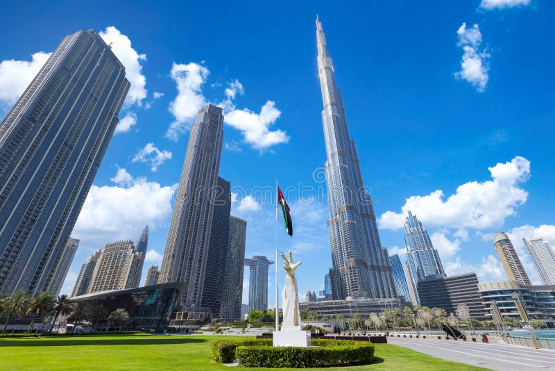 UAE, Dubai Panoramic Skyline View of City Downtown and Dubai Mall Stock ...