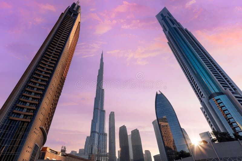 UAE, Dubai Panoramic Skyline View of City Downtown and Dubai Mall ...