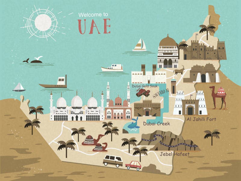 UAE travel concept map stock illustration. Illustration of style - 72630820