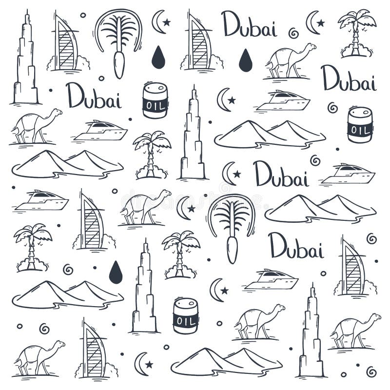 UAE. Travel To Dubai. Hand Draw Doodle Background. Vector Illustration ...