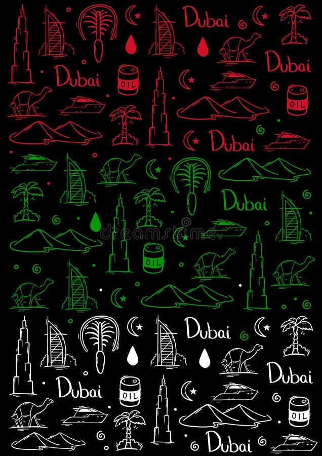UAE. Travel To Dubai. Hand Draw Doodle Background. Vector Illustration ...