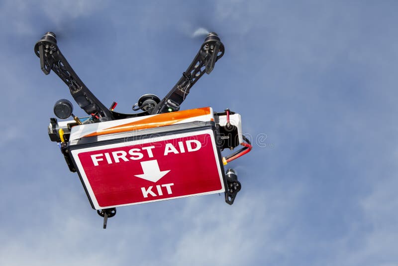 UAV Drone Quadrocopter Transporting First Aid Kit Box Stock Image ...