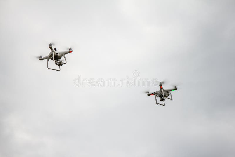 UAV White Drone Quadr Copter in Flight with Geodesic Module and Digital ...