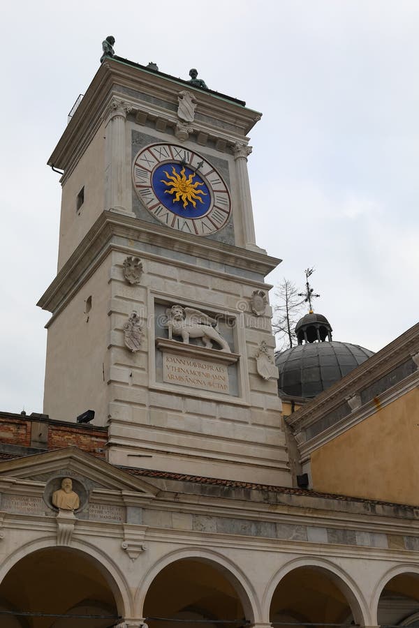 Udine, UD, Italy - December 27, 2023: Clock Tower and Statues in the ...