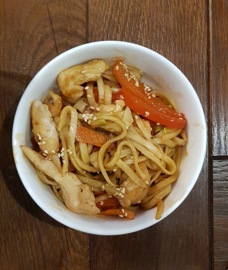 Udon with chicken in plate stock photo. Image of indoor - 136903672