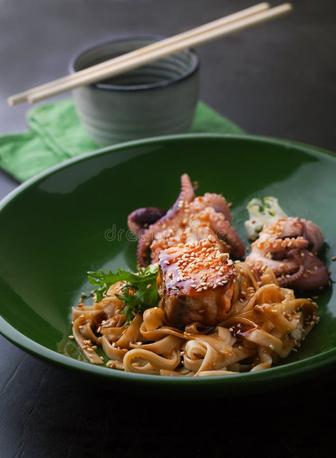 Udon Noodles with Salmon and Octopus Stock Photo - Image of japanese ...