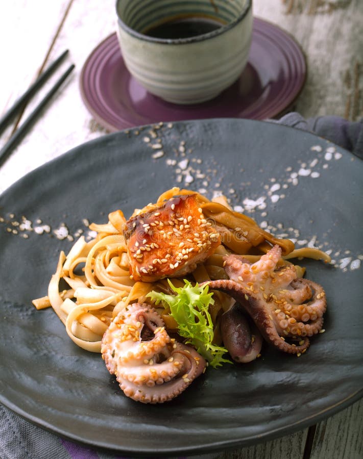 Udon Noodles with Salmon and Octopus Stock Image - Image of pasta ...