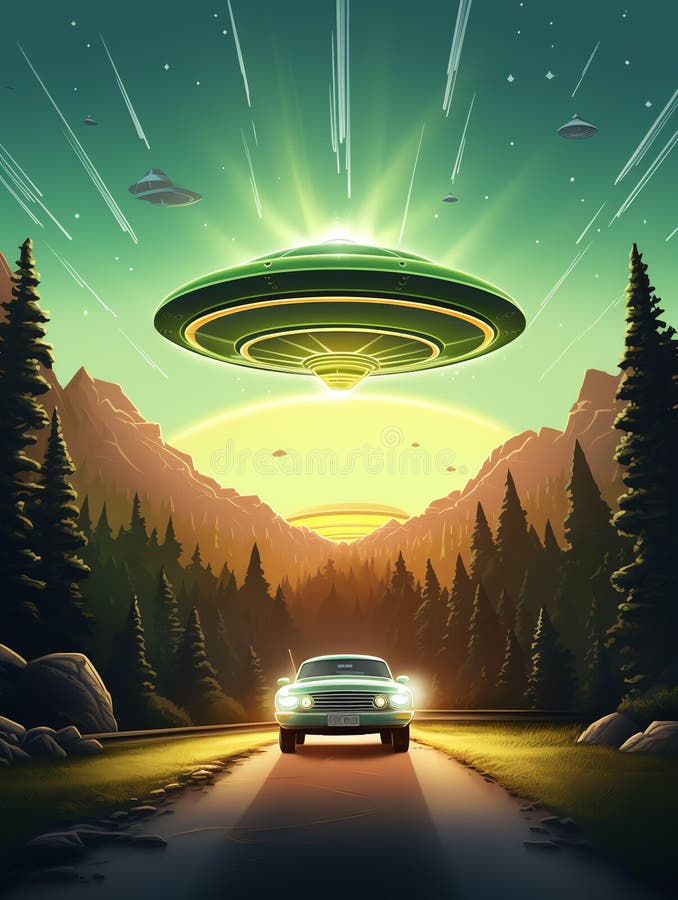 UFO Abducting a Car with a Beam of Light Sci Fi Illustration for Poster ...