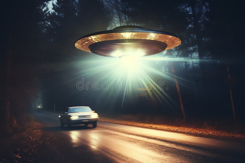 UFO Abducting a Car with a Beam of Light Sci Fi Illustration for Poster ...
