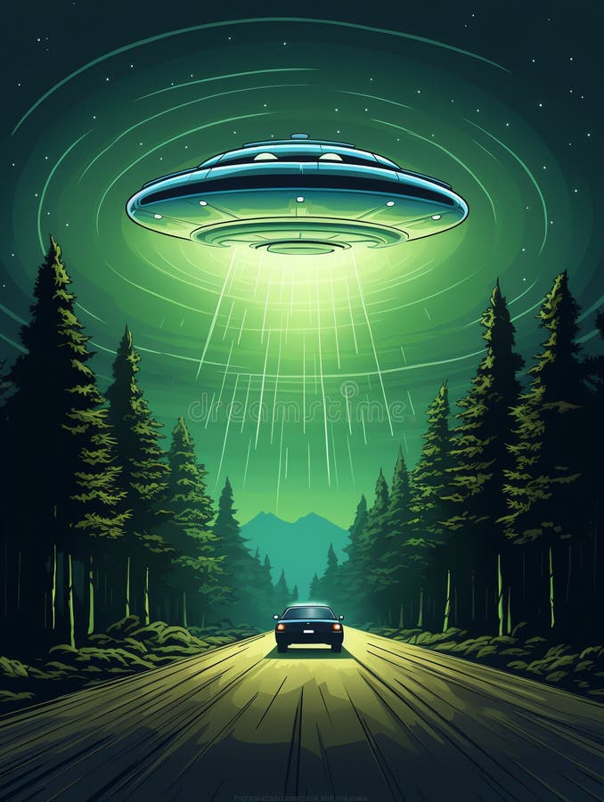UFO Abducting a Car with a Beam of Light Sci Fi Illustration for Poster ...