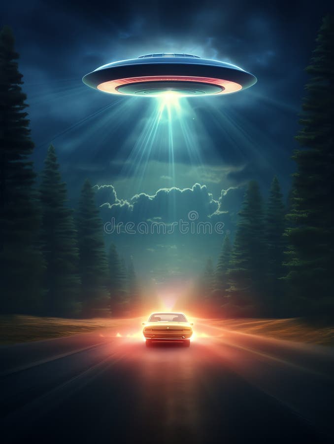 UFO Abducting a Car with a Beam of Light Sci Fi Illustration for Poster ...