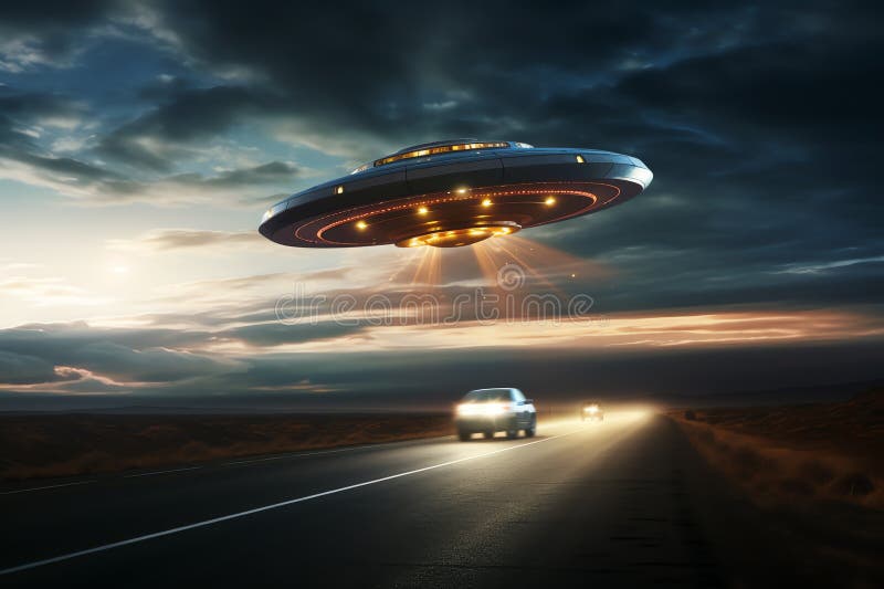 UFO Abducting a Car with a Beam of Light Sci Fi Illustration for Poster ...