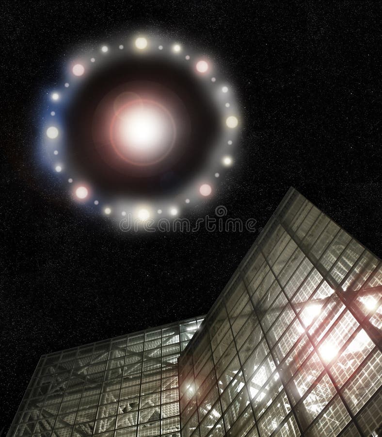 UFO above building stock photo. Image of saucer, glow - 23736876