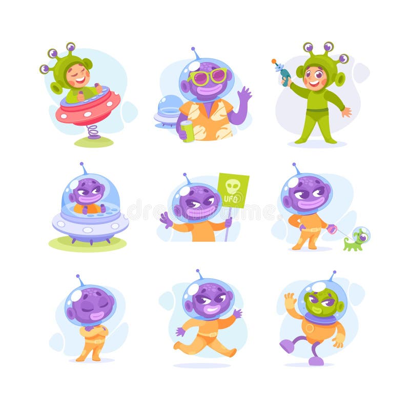 Ufo and Alien Character in Spacesuit and Shuttle Vector Set Stock ...
