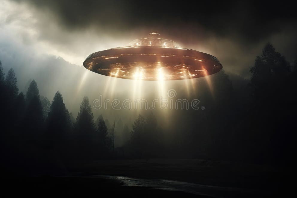 UFO Alien Spaceship Over Forest Stock Illustration - Illustration of ...