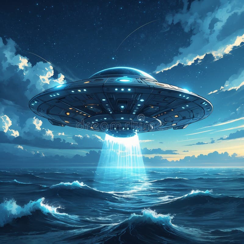 Ufo alien spaceship sea stock illustration. Illustration of light ...
