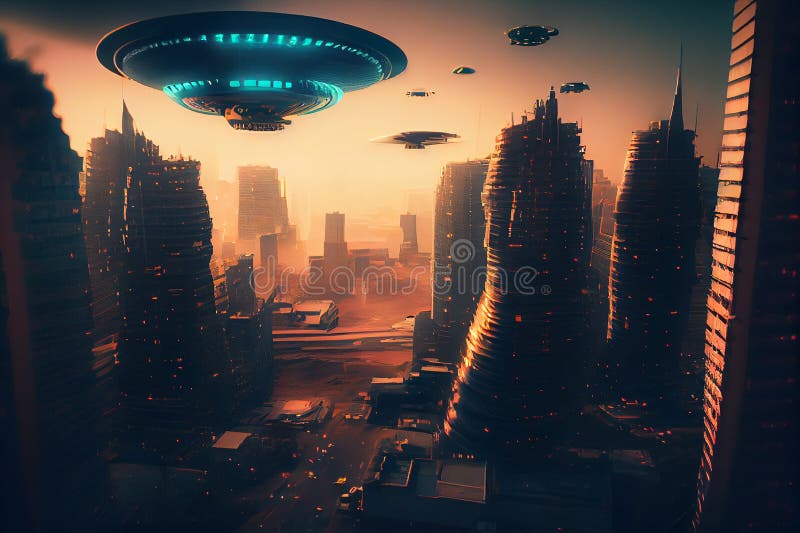 UFO City Invasion.3d Generative Ai Stock Illustration - Illustration of ...
