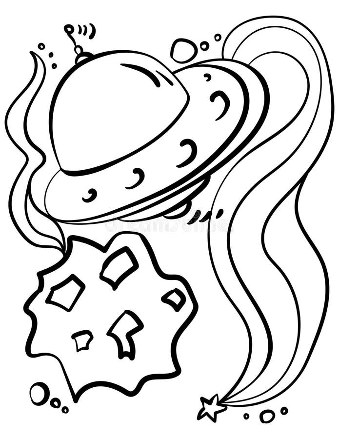 UFO Coloring Page for Kids Activity, Spaceship and Asteroid in Space ...