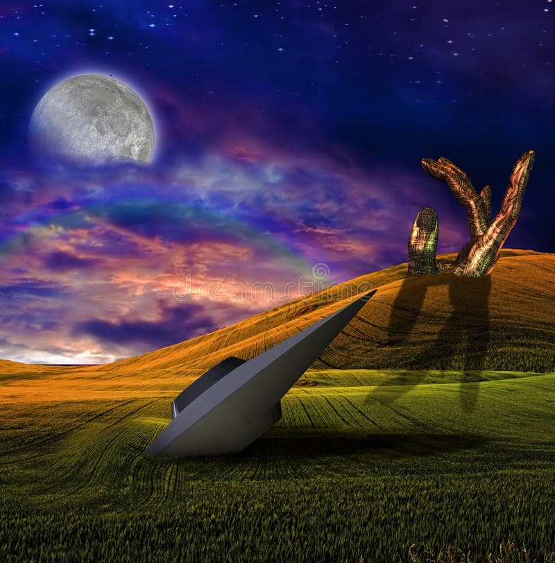 UFO Crash and Bionic Hand stock photo. Image of clouds - 219779888