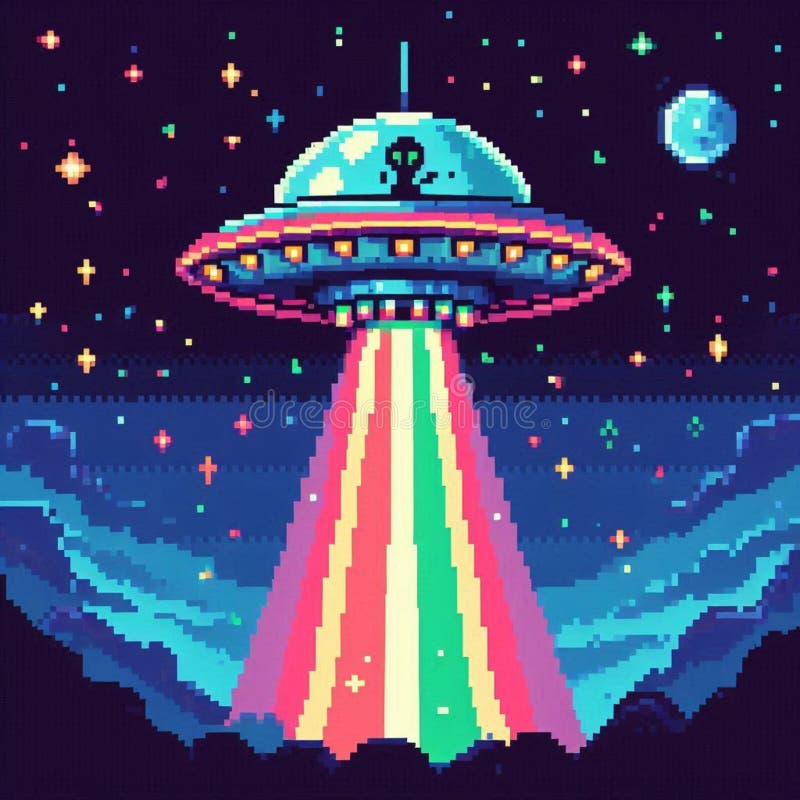UFO in flight, pixel art stock illustration. Illustration of circle ...