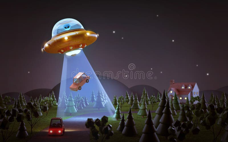 UFO Flying with Alien and Abduct a Car at Night Stock Illustration ...