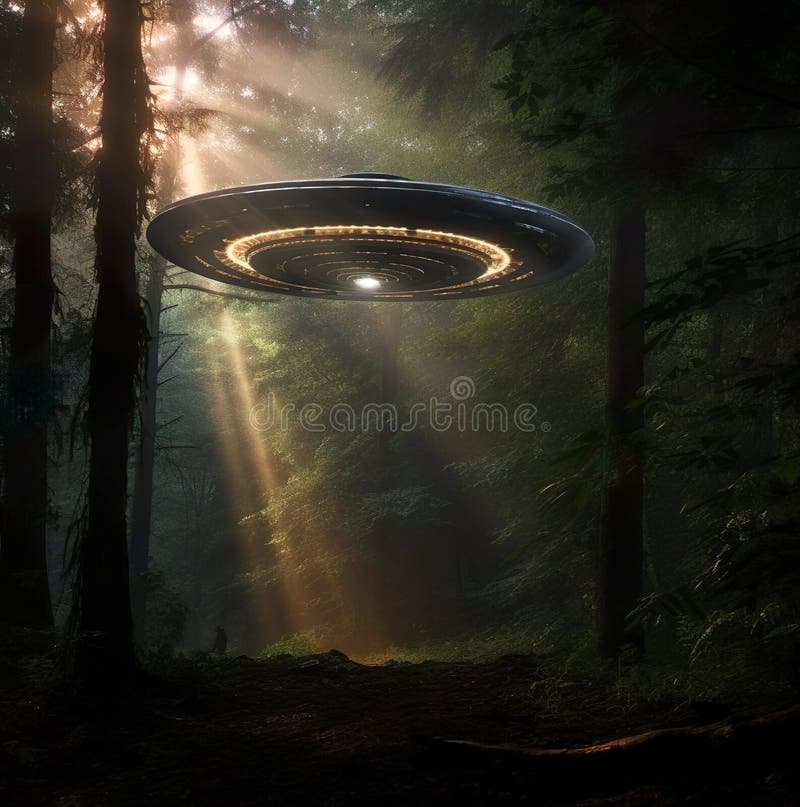 Ufo Flying in the Forest with Light Rays 3d Illustration Stock ...
