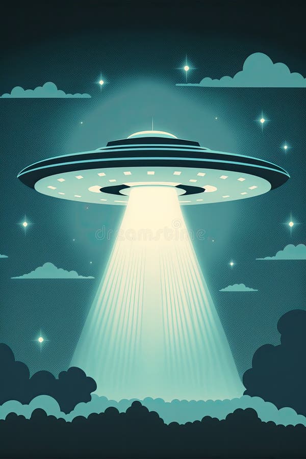 UFO Flying Spaceship with Rays of Light in Night Sky Flat Cartoon ...
