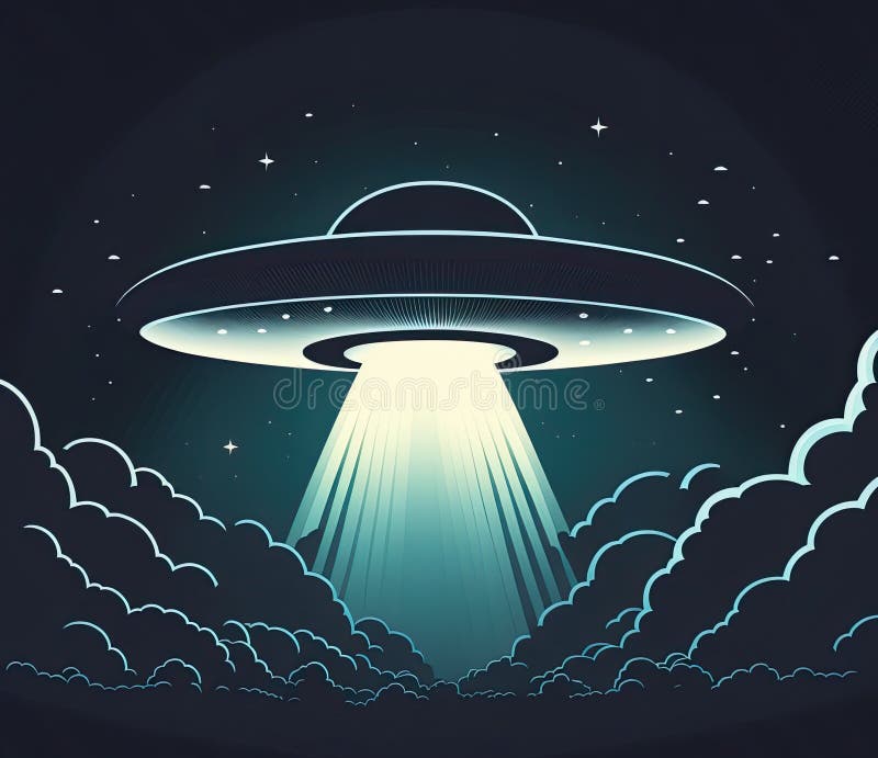 UFO Flying Spaceship with Rays of Light in Night Sky Flat Cartoon ...
