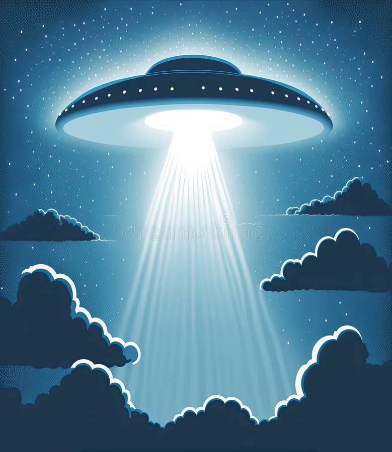 UFO Flying Spaceship with Rays of Light in Night Sky Flat Cartoon ...