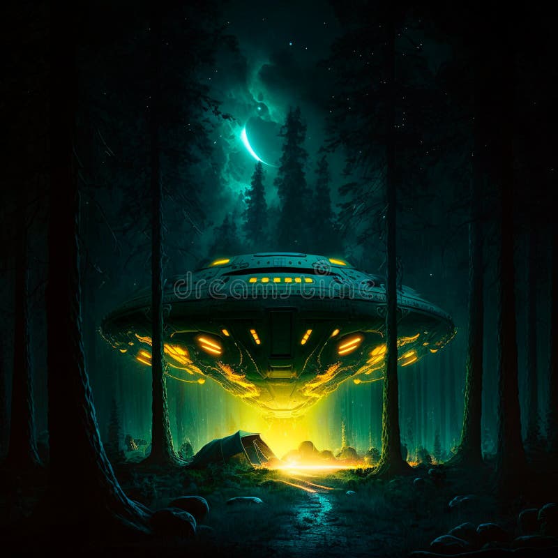 Ufo in a Forest at Night with a Green BeamGENERATIVE AI, GENERATIVE, AI ...