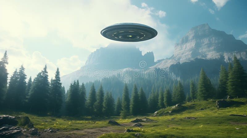 A UFO Hovered Over a Clearing in the Mountains. Stock Illustration ...