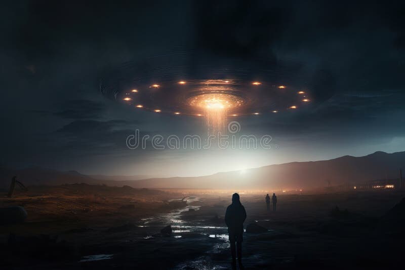 Ufo Hovering Over Desolate Landscape at Night. Alien Spacecraft ...