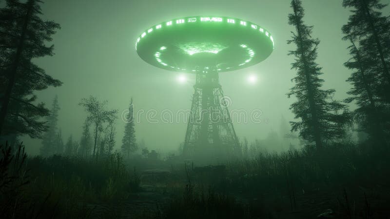 UFO Hovering Over Foggy Forest at Night Stock Image - Image of science ...