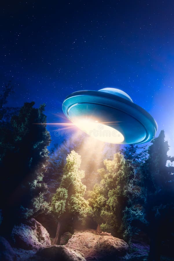 UFO flying over a forest stock photo. Image of fiction - 101248976