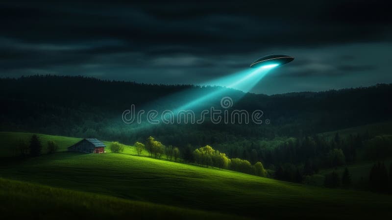 Ufo Illuminates Rural Landscape with Mysterious Beam at Night Stock ...
