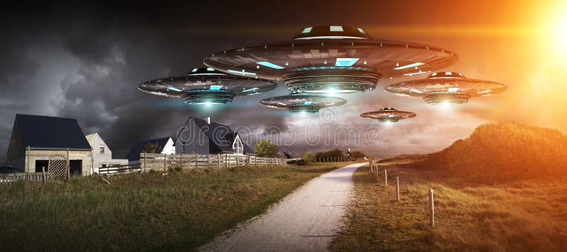 UFO Invasion on Planet Earth Landascape 3D Rendering Stock Illustration ...