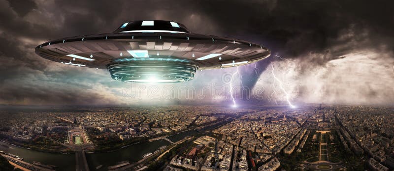 UFO Invasionover Planet Earth City 3D Rendering Stock Illustration ...