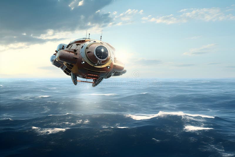 UFO Landing or Flying Over the Ocean, Science Fiction Scene Stock ...