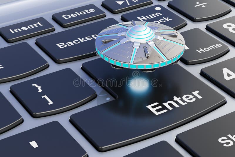 UFO on Laptop Keyboard. 3D Rendering Stock Illustration - Illustration ...