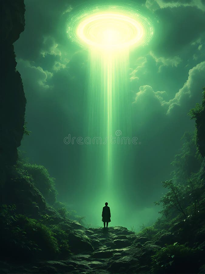 UFO and Lone Figure a Dreamy Sci-Fi Artwork with Mystical Lighting ...