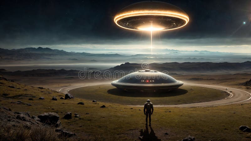 UFO in the Middle of a Desert. Alien Spaceship in the Night Sky Stock ...