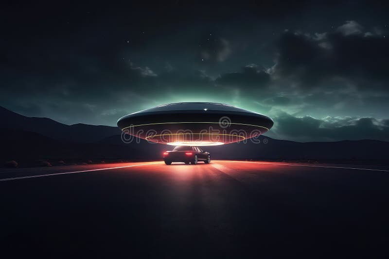 Ufo with Neon Lights Hovers Over Car on Road Stock Illustration ...