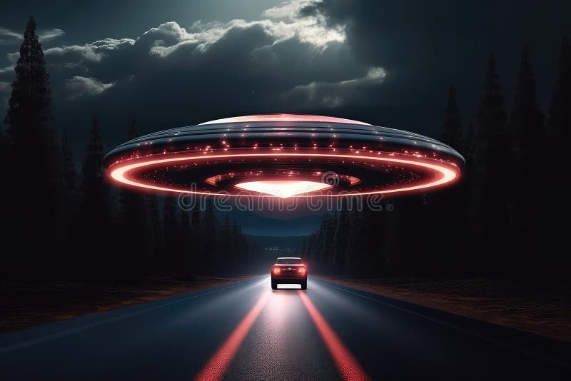 Ufo with Neon Lights Hovers Over Car on Road Stock Illustration ...