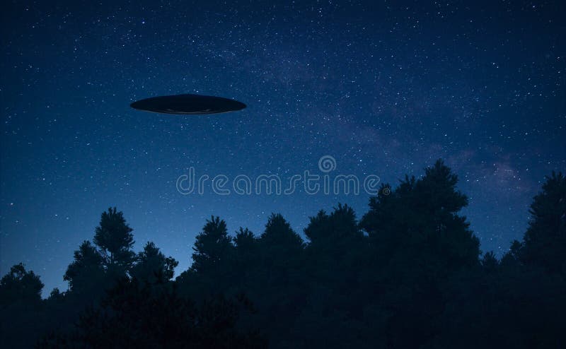 Ufo in night forest stock illustration. Illustration of night - 68469392