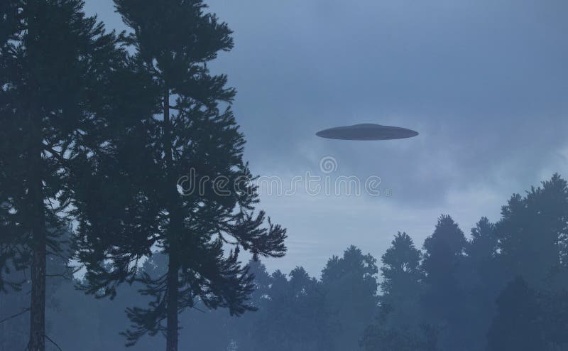 Ufo in night forest stock illustration. Illustration of humanoid - 68469408